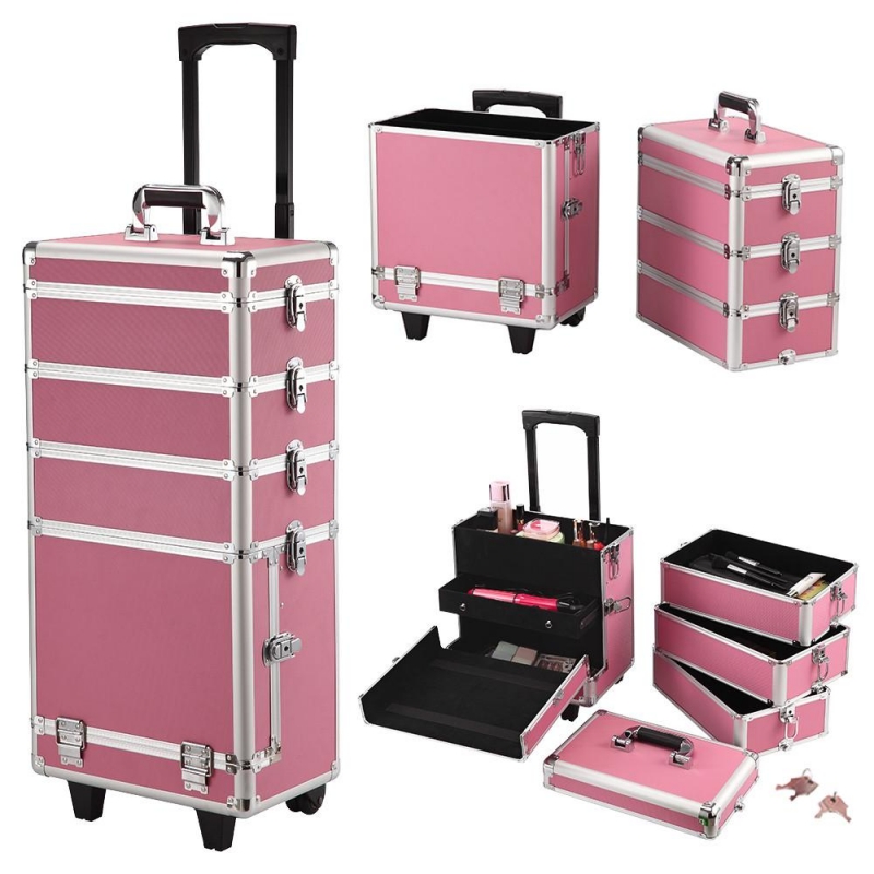 4-in-1 Makeup Train Case Aluminum Rolling Cosmetic Box Trolley Pink ...