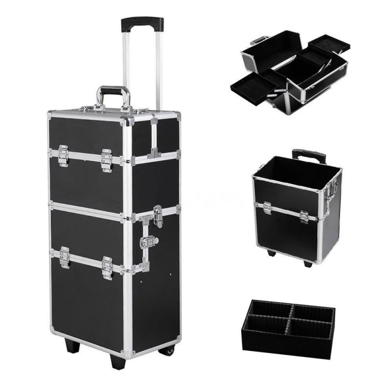 3-in-1 Draw-bar Box Design Portable Makeup Case Black - Alimart