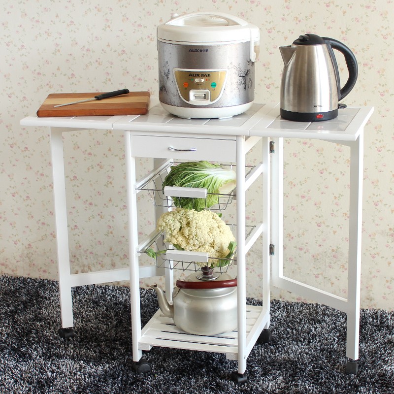Portable Folding Kitchen Rolling Tile Top Drop Leaf Storage Trolley ...